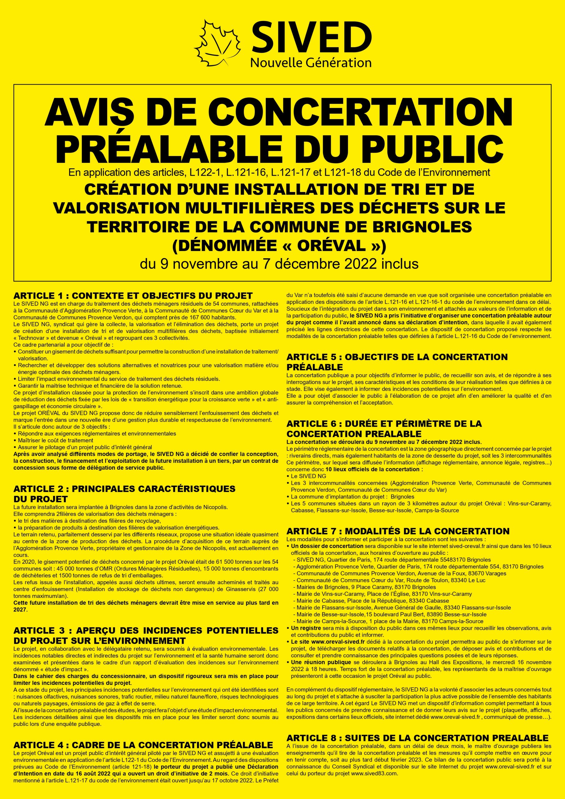 Avis de concertation préalable du public - SIVED